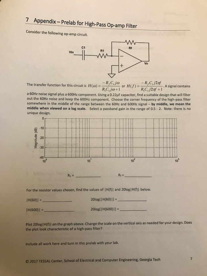 Solved 7 Appendix-Prelab for High-Pass op amp Filter | Chegg.com