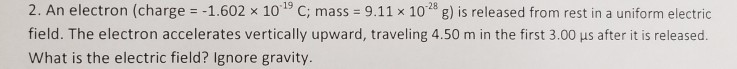 Solved 2. An electron (charge =-1.602 × 10-19 C; mass-9.11x | Chegg.com