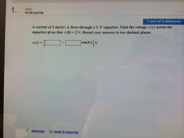 Solved A current of 2 sin(4t) A flows through a 2-F | Chegg.com