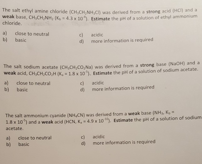 Solved The salt ethyl amine chloride (CH,CH, NH,cl) was | Chegg.com