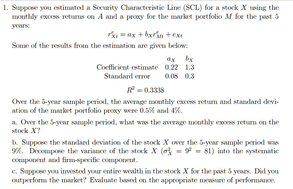 Solved Suppose you estimated a Security Characteristic Line | Chegg.com