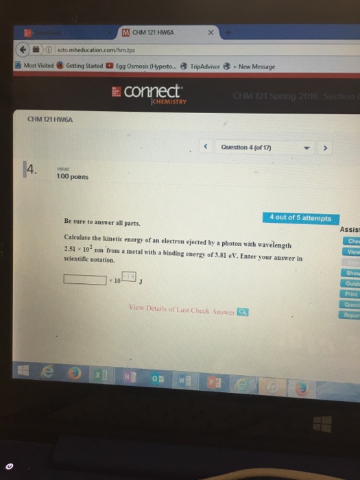 Solved Calculate The Kinetic Energy Of An Electron Ejected