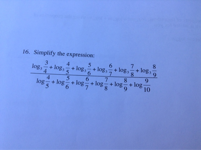 Solved Simplify the expression: log_3 3/4 + log_3 4/5 + | Chegg.com