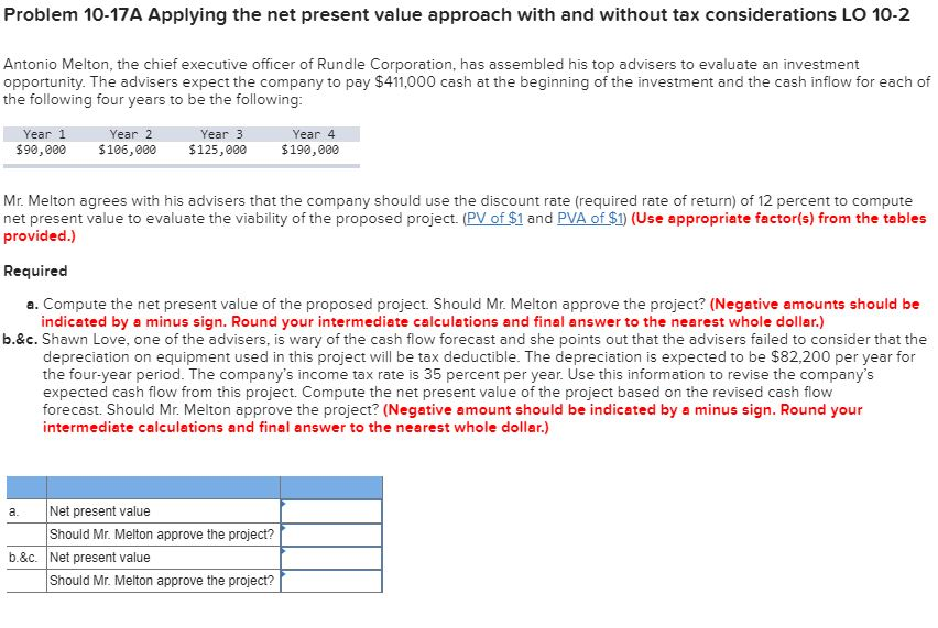 Solved Problem 10-17A Applying the net present value | Chegg.com