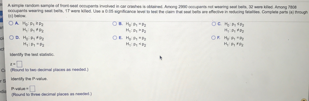 Solved A simple random sample of front-seat occupants | Chegg.com