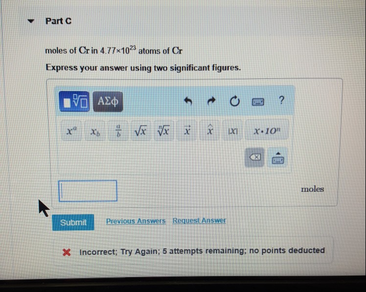 Solved ? Part C moles of Crin 4.77x1023 atoms of Cr Express | Chegg.com