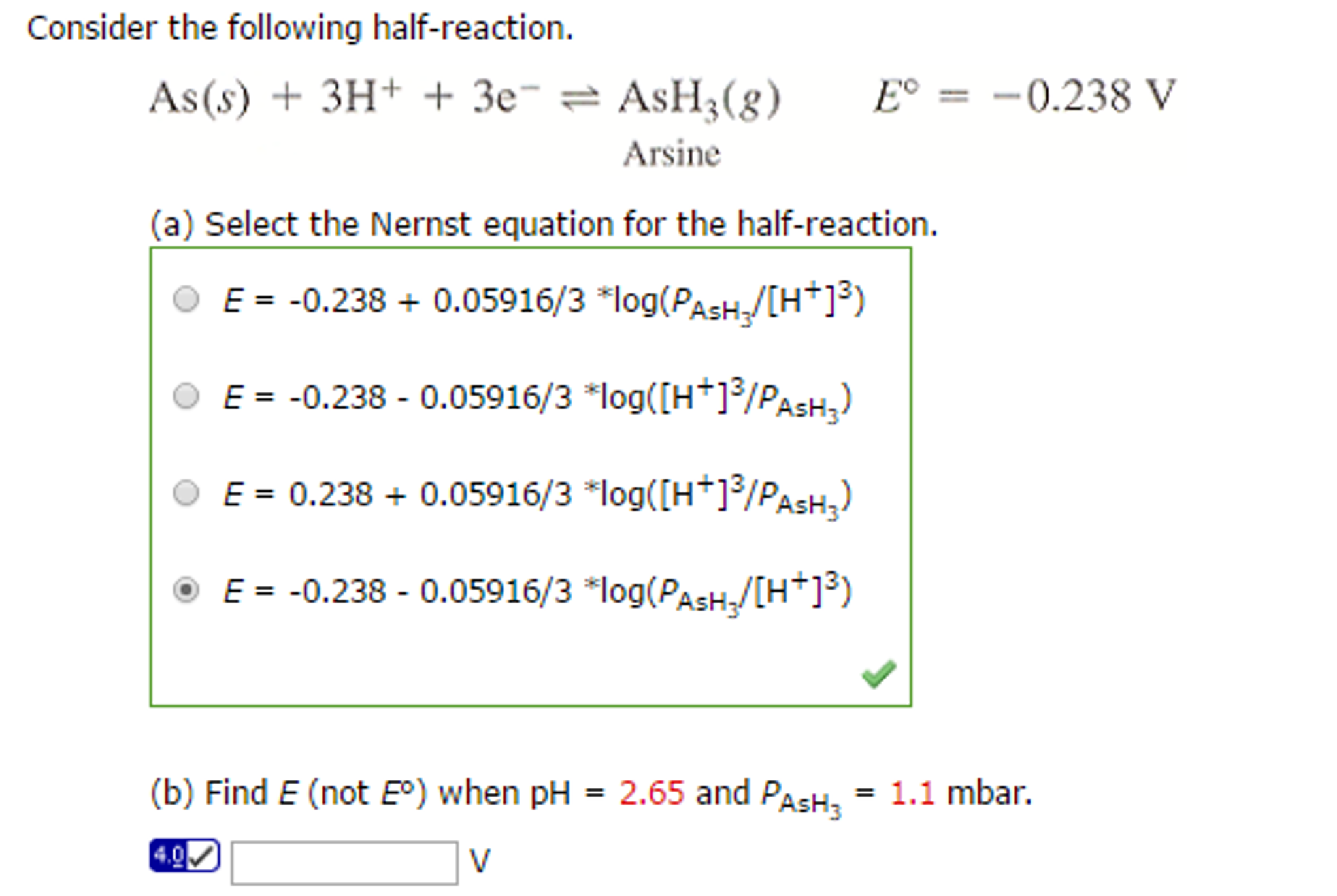 Solved Consider The Following Half Reaction Select The