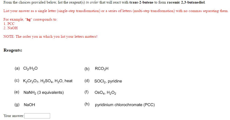 Solved From the choices provided below, list the reagent(s) | Chegg.com