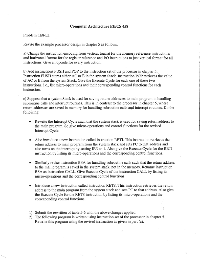 Computer Architecture EE/CS 458 Problem Ch8-E1 Revise | Chegg.com