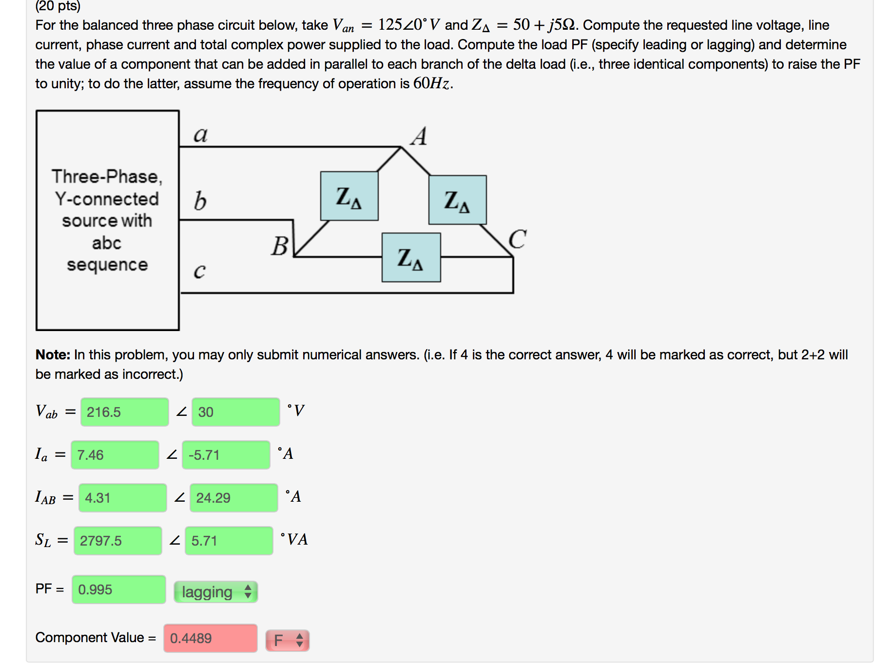 Solved For the balanced three phase circuit below, take V_an | Chegg.com