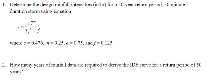 Solved 1. Determine the design rainfall intensities (in/hr) | Chegg.com