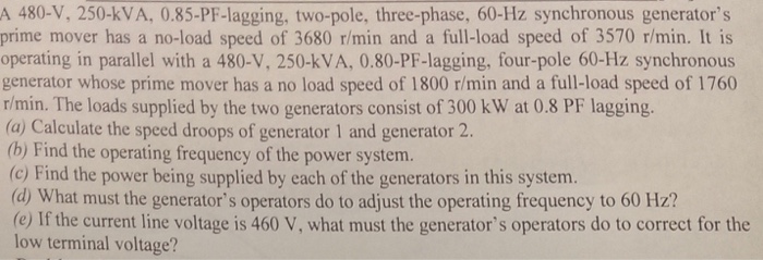 Solved A 480-V. 250-kVA, 0.85-PF-lagging, two-pole. | Chegg.com