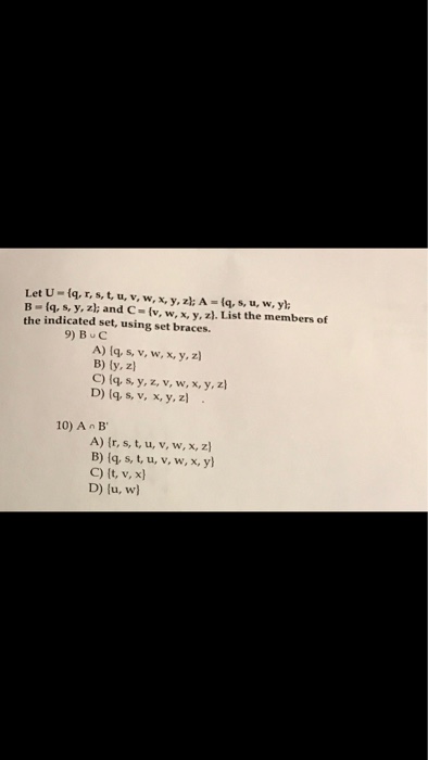 Solved Let U = {q, r, s, t, u, v, w, x, y, z}; A = {q, s, u, | Chegg.com