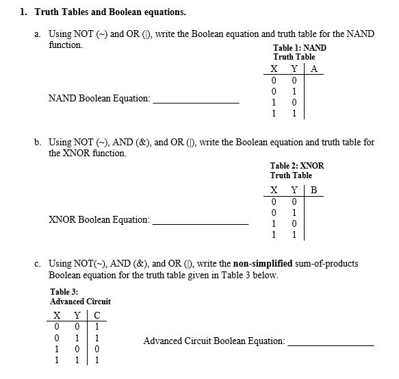Solved 1. Truth Tables and Boolean equations. a. Using NOT | Chegg.com