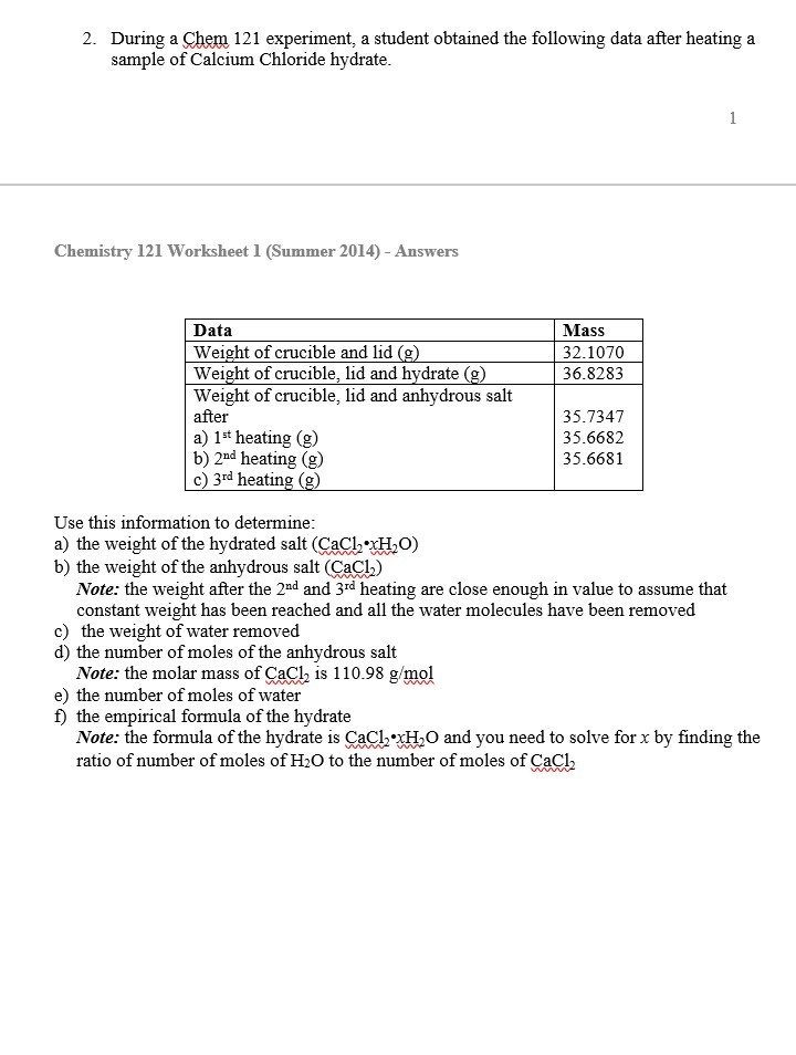 Solved 2. During a Chem 121 experiment, a student obtained | Chegg.com