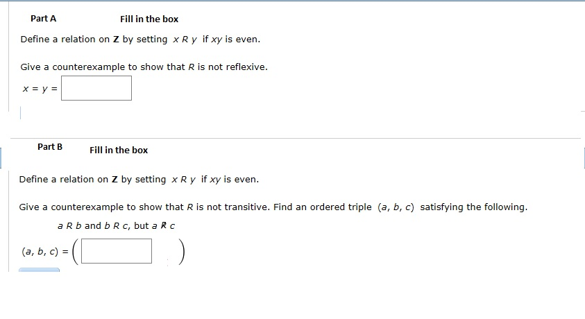 Solved Parta Fill In The Box Define A Relation On Z By