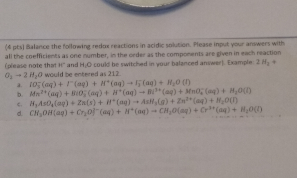 Solved Balance the following redox reactions in acidic | Chegg.com