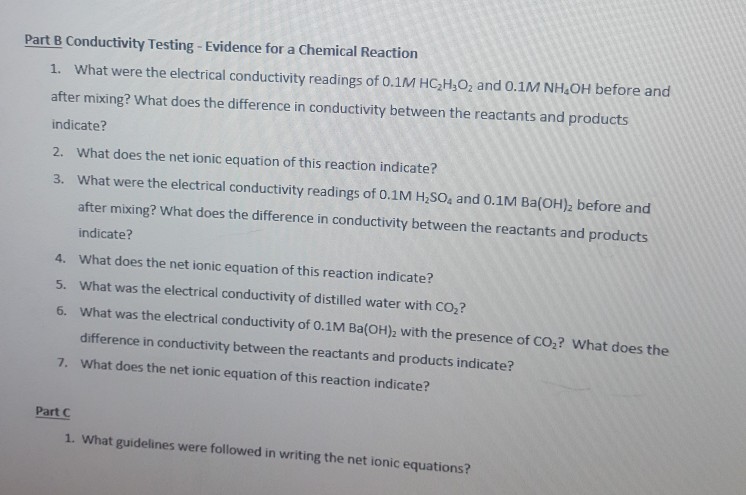 Part B Conductivity Testing - Evidence for a Chemical | Chegg.com