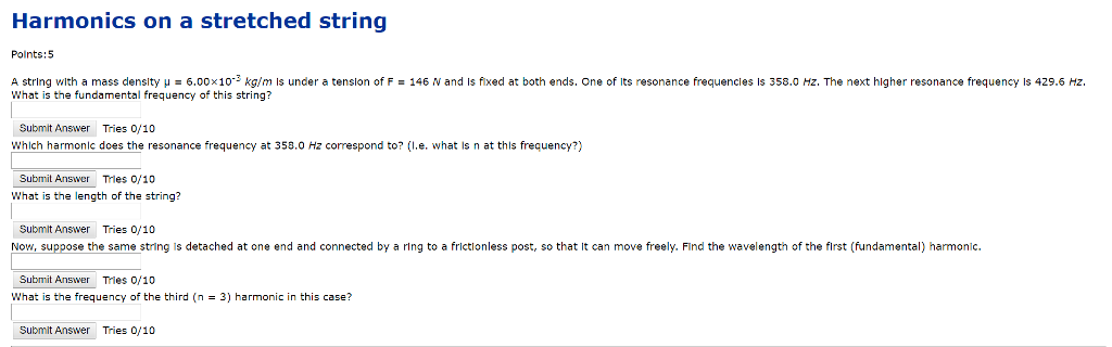 Solved Harmonics on a stretched string Points:5 A string | Chegg.com
