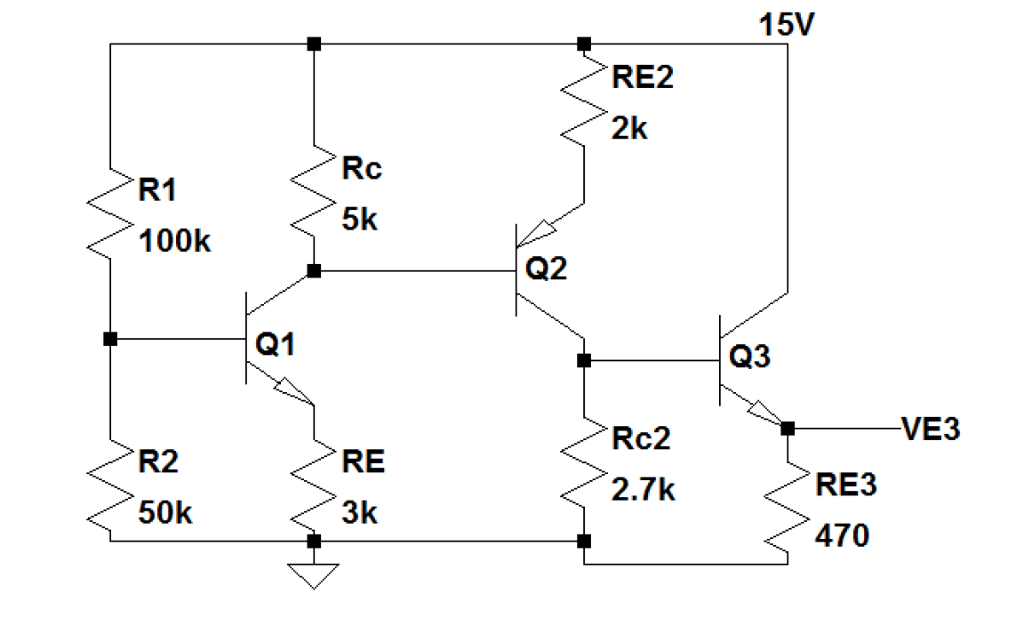 Solved For the following circuit, find VC2, IC3, VE3. Assume | Chegg.com