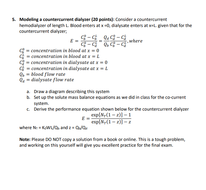 Modeling a countercurrent dialyzer (20 points): | Chegg.com