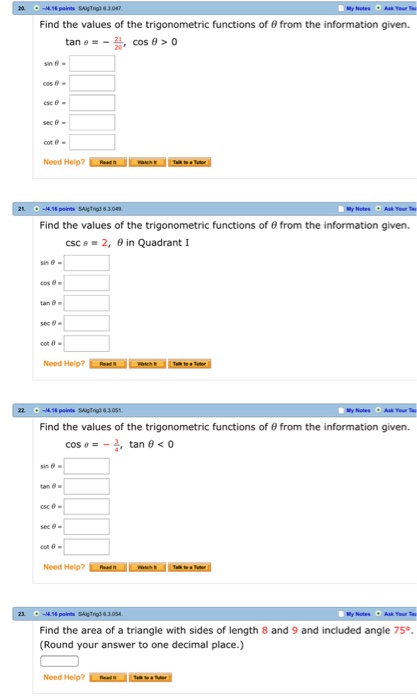 Solved Find the values of the trigonometric functions of θ | Chegg.com