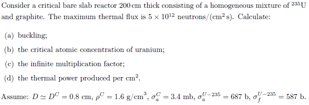 Solved Consider a critical bare slab reactor 200 cm thick | Chegg.com