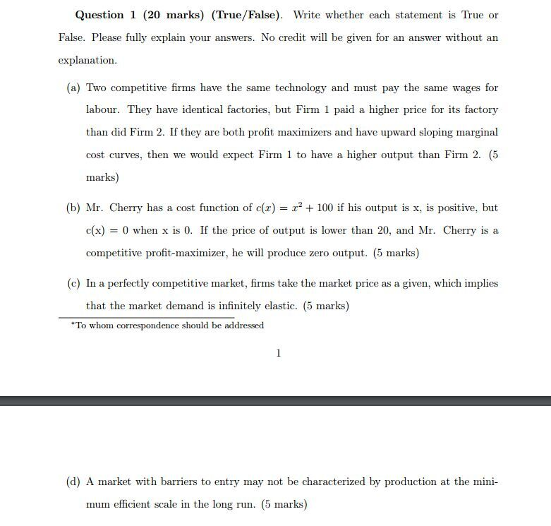 Solved Question 1 (20 marks) (True/False). Write whether | Chegg.com Solved Question 1 (20 marks) (True/False). Write whether | Chegg.com