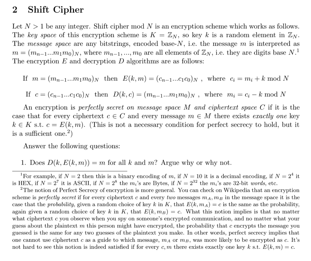 2 Shift Cipher Let N > 1 be any integer. Shift cipher | Chegg.com