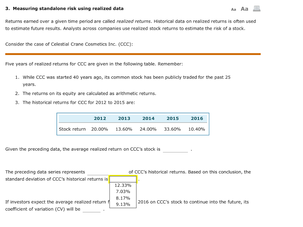 Solved 3. Measuring standalone risk using realized data Aa | Chegg.com