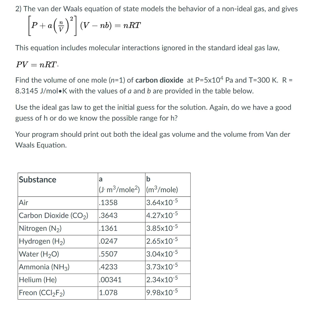 Solved 2) The van der Waals equation of state models the | Chegg.com