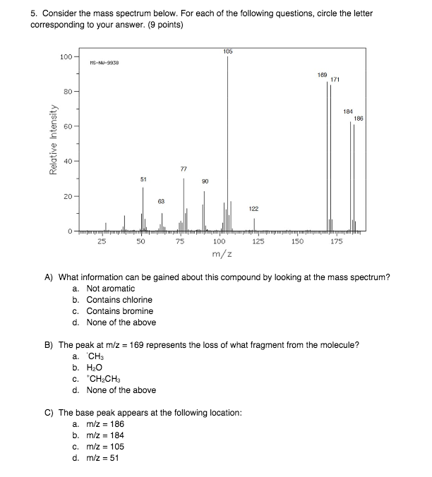 Solved 5. Consider the mass spectrum below. For each of the | Chegg.com
