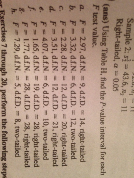 Using Table H, find the P-value interval for each F | Chegg.com