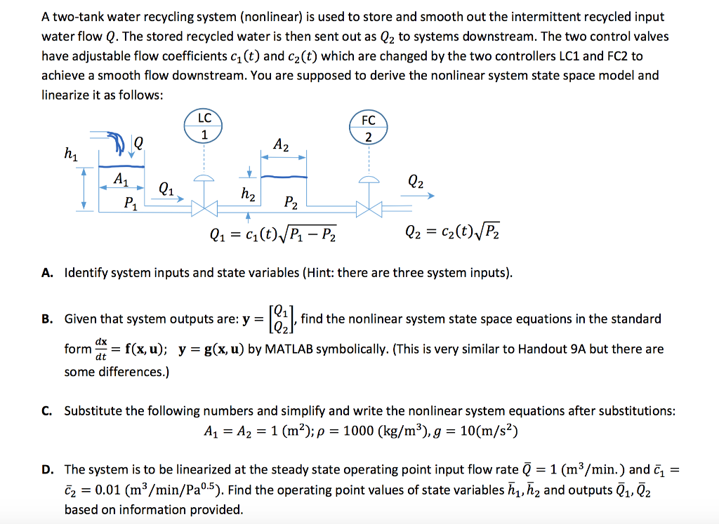 Solved A two-tank water recycling system (nonlinear) is used | Chegg.com