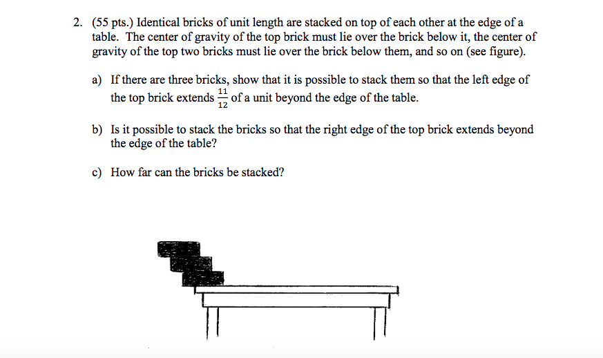 Solved (55 pts.) Identical bricks of unit length are stacked | Chegg.com