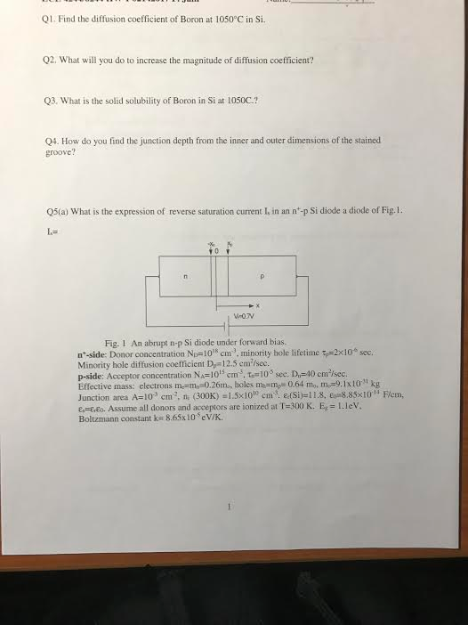Solved Find the diffusion coefficient of Boron at 1050 | Chegg.com