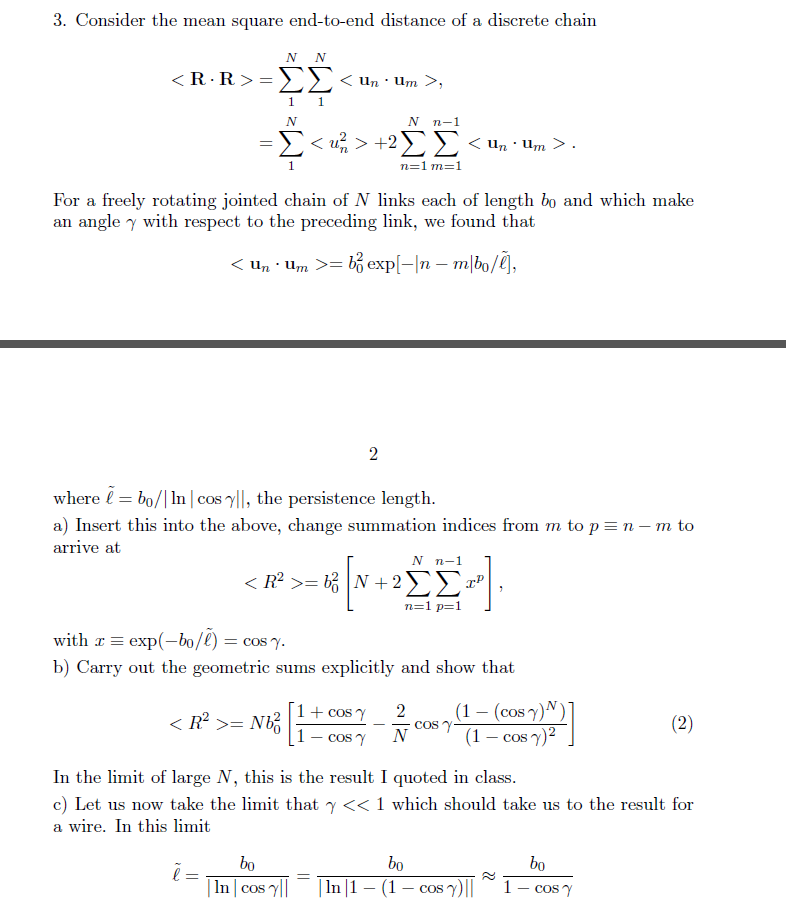 Solved 3. Consider the mean square end-to-end distance of a | Chegg.com