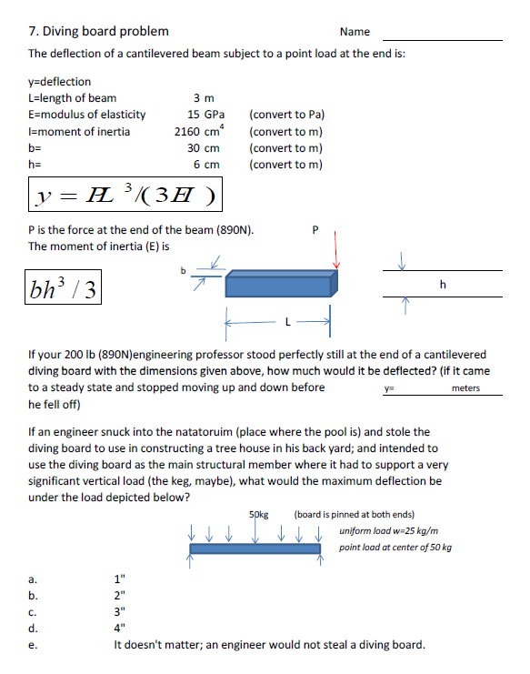 Solved Diving board problem Name The deflection of a | Chegg.com
