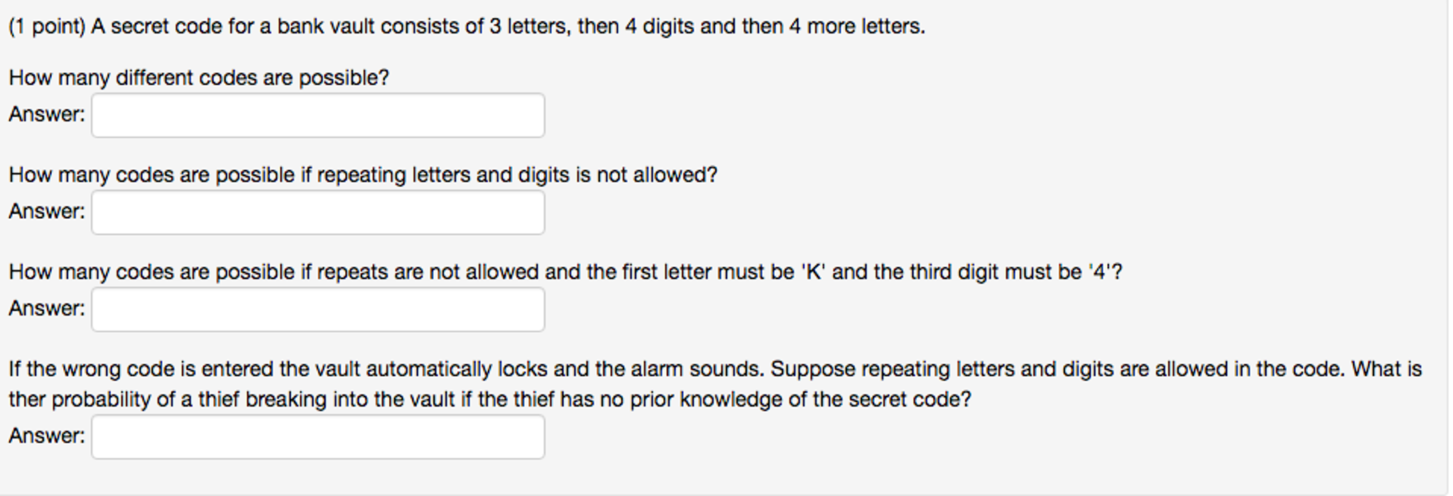 Solved A secret code for a bank vault consists of 3 letters, | Chegg.com