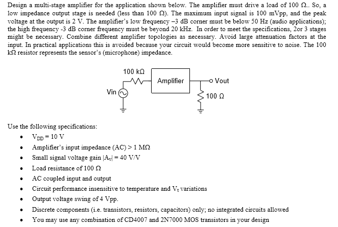 Solved Design a multi-stage amplifier for the application | Chegg.com
