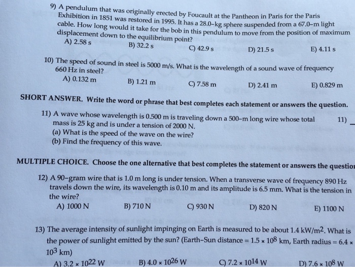 Solved A pendulum that was originally erected by Foucault at | Chegg.com