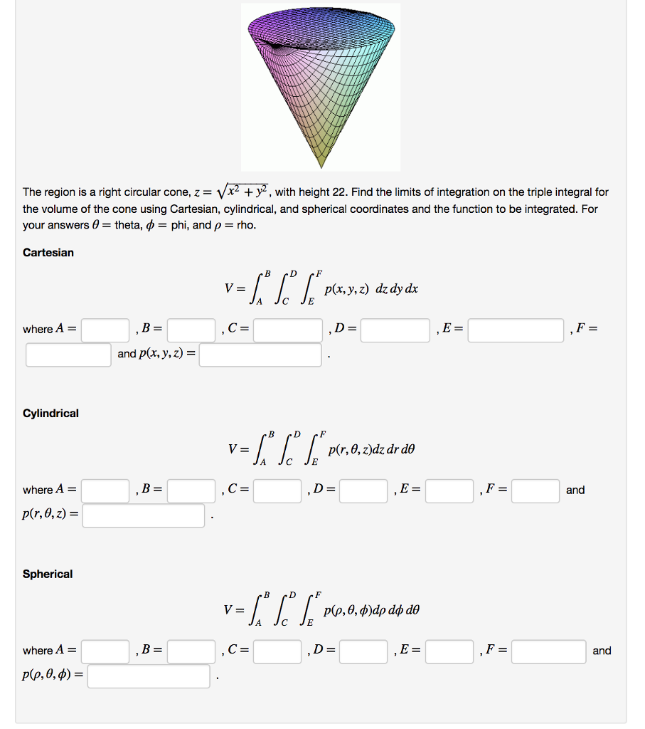 Solved The region is a right circular cone, z x2 ye, with | Chegg.com