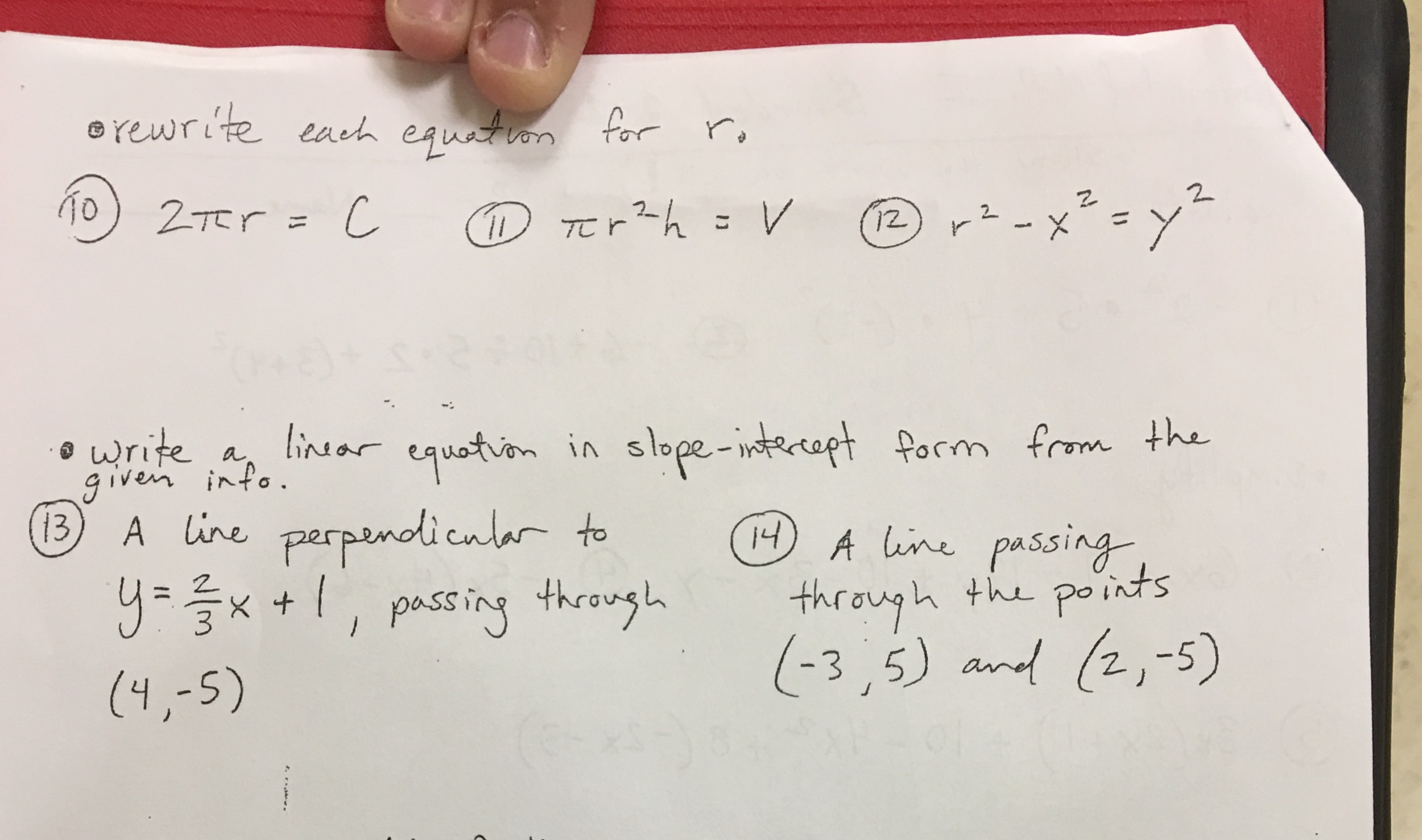 Solved Rewrite each equation for r. 2 pi r = C pi r^2 h = | Chegg.com