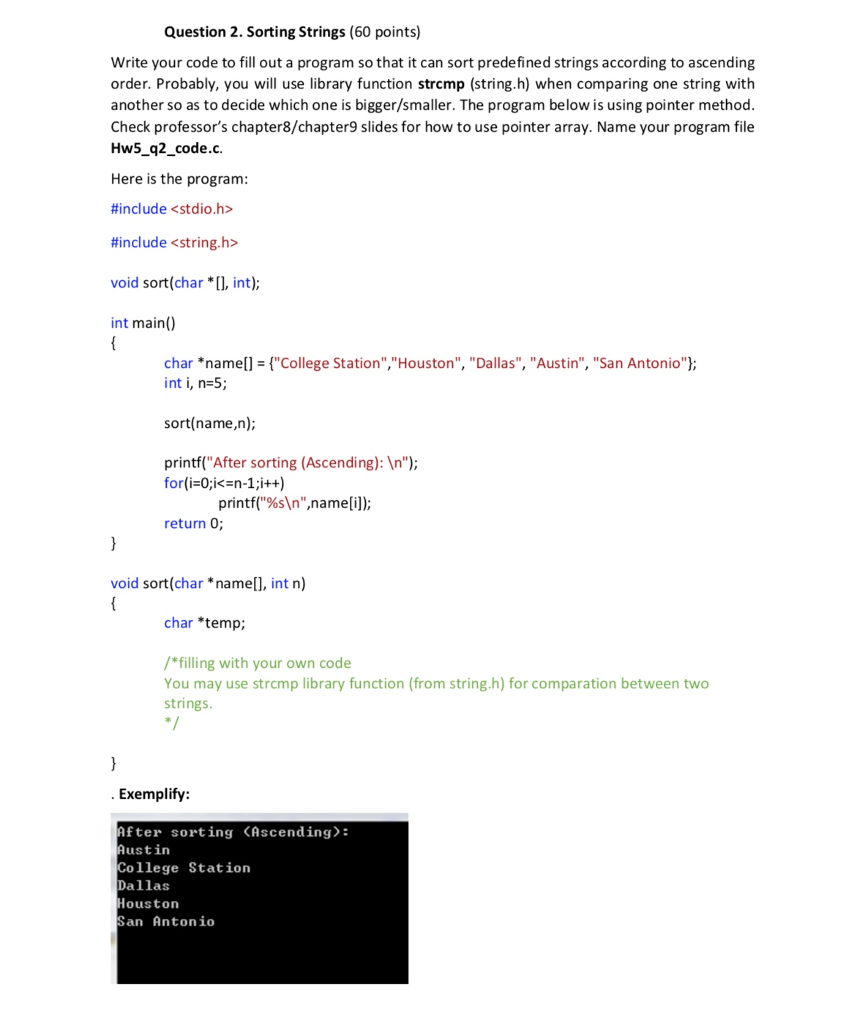 Solved Question 2. Sorting Strings (60 points) Write your | Chegg.com