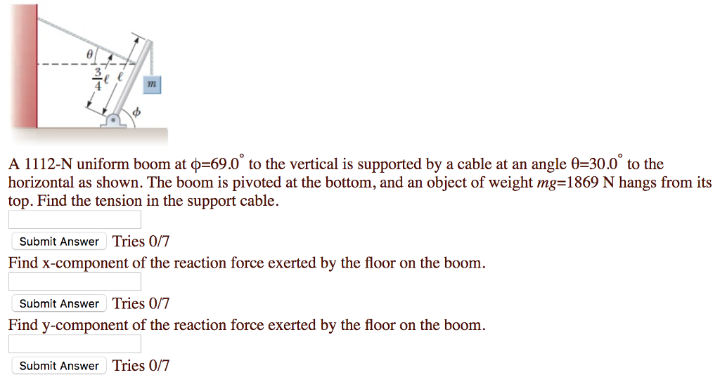 Solved 3 ° ° A 1112-N uniform boom at φ=69.0to the vertical | Chegg.com
