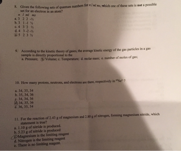 Solved Given the following sets of quantum numbers for nl ml | Chegg.com