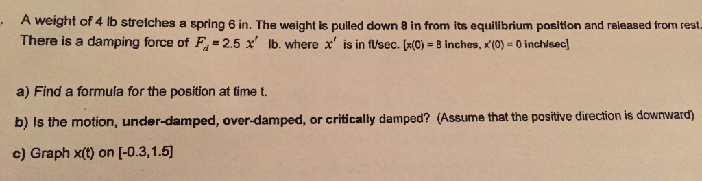 Solved A weight of 4 lb stretches a spring 6 in. The weight | Chegg.com