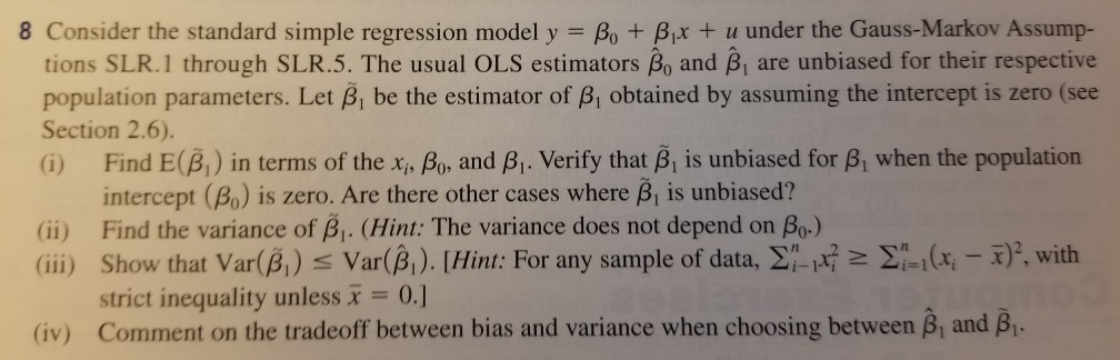Solved 8 Consider the standard simple regression model y = | Chegg.com