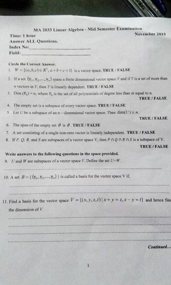 Solved MA 2033 Linear Algebra - Mid Semester Examination | Chegg.com