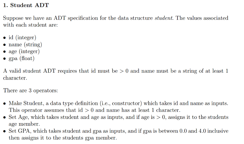 1. Student ADT Suppose we have an ADT specification | Chegg.com